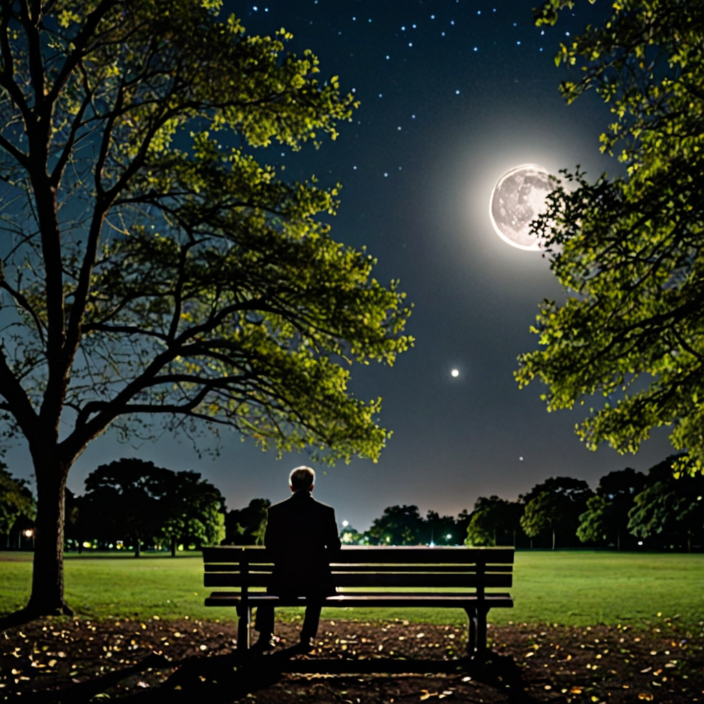 a man sitting on a bench in a secluded park, with a moon shining dimly