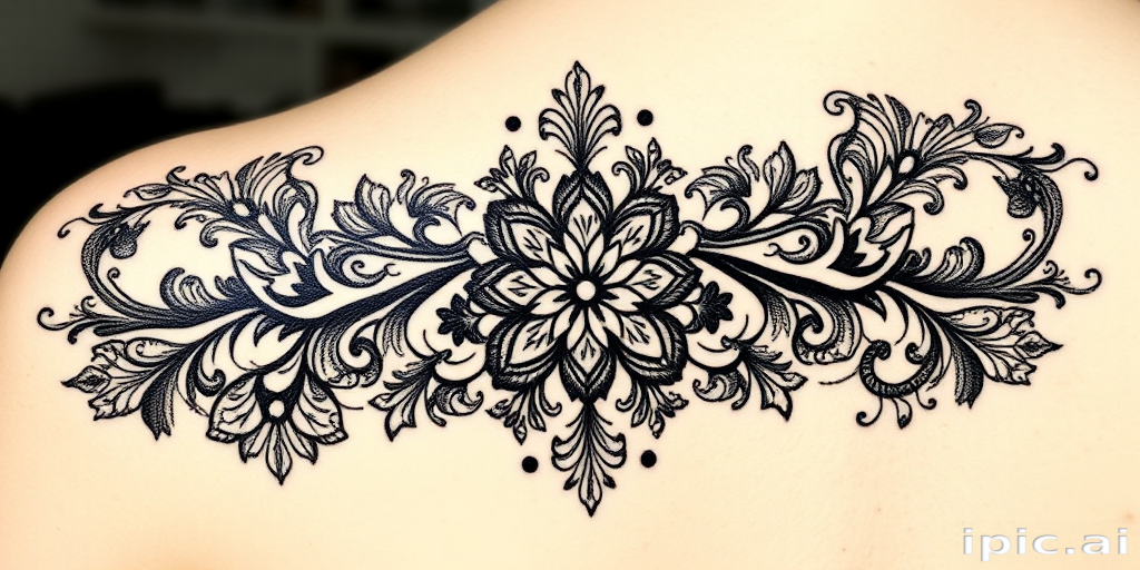 Intricate Floral and Leafy Tattoo Design Embellishing the Upper Back Area.
