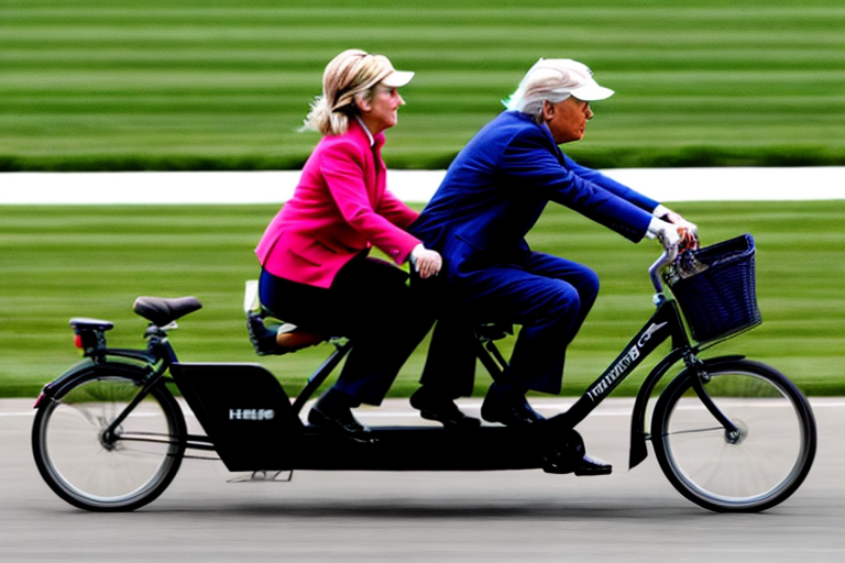 Donald Trump and Hillary Clinton riding a tandem bicycle together