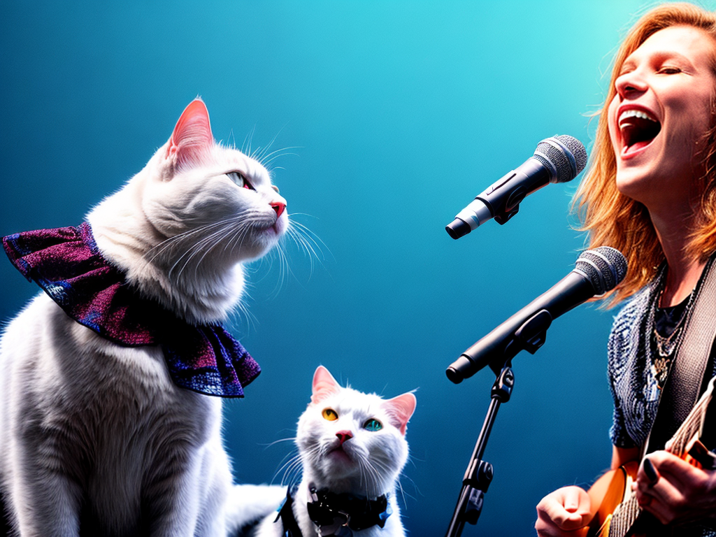 white cat singing on stage with a microphone, rock band in background
