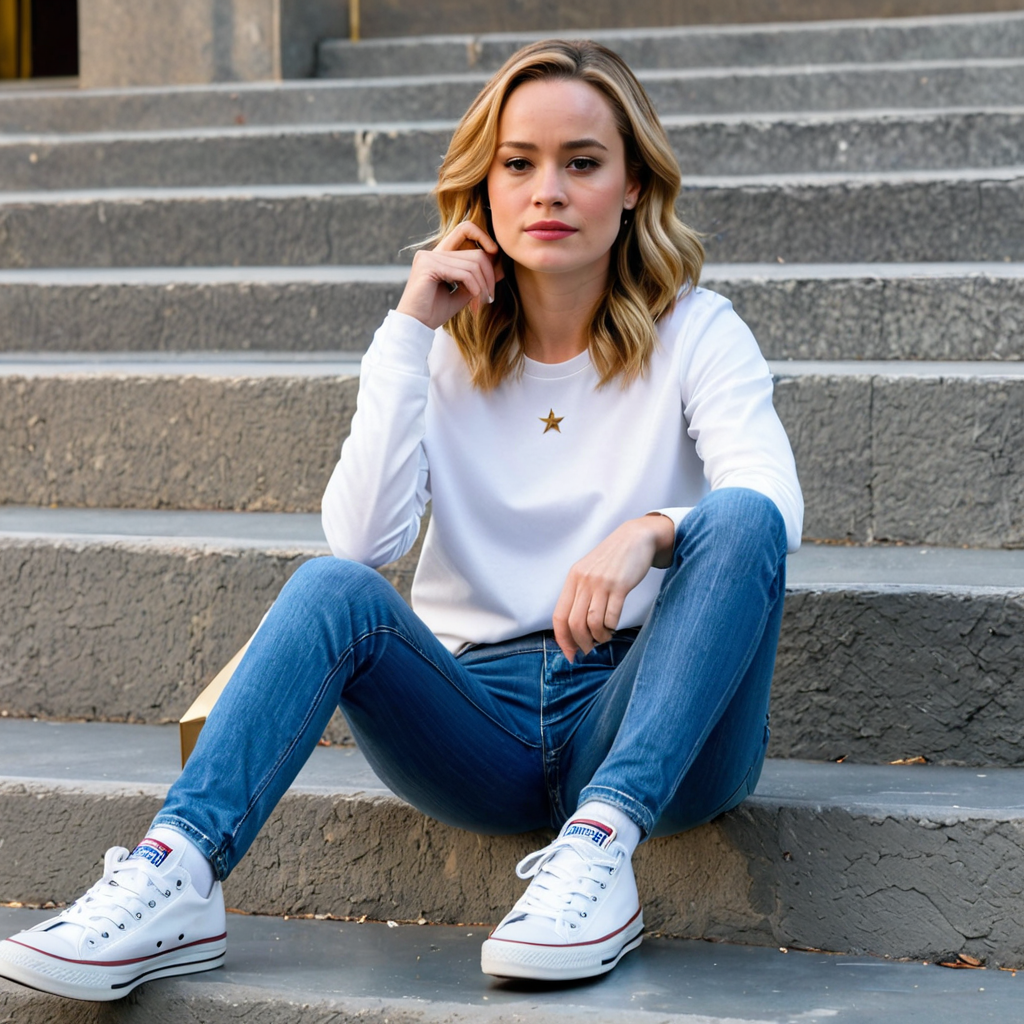 Mcu Brie Larson Carol Danvers Sitting in White Shirt, Blue Jeans, White ...