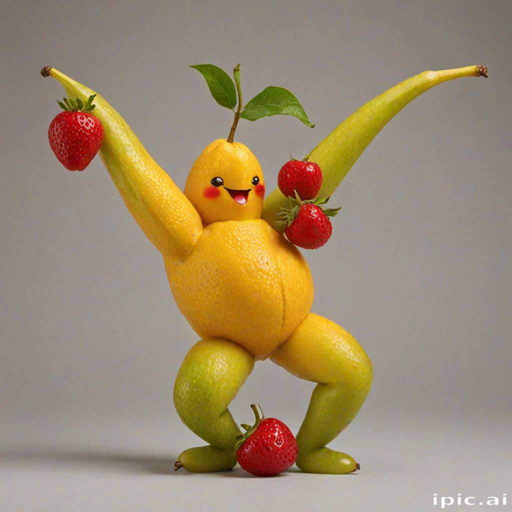 Joyful Fruit Character Celebrating with Strawberries and Vibrant Lemon Pose