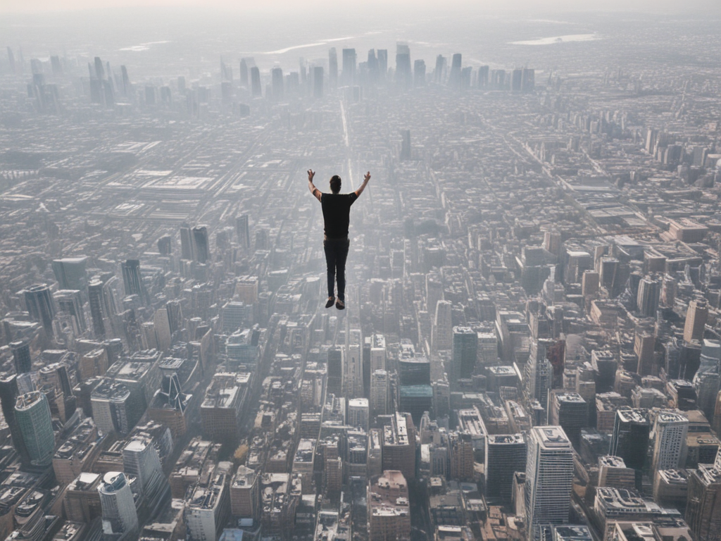 person hovering over the city