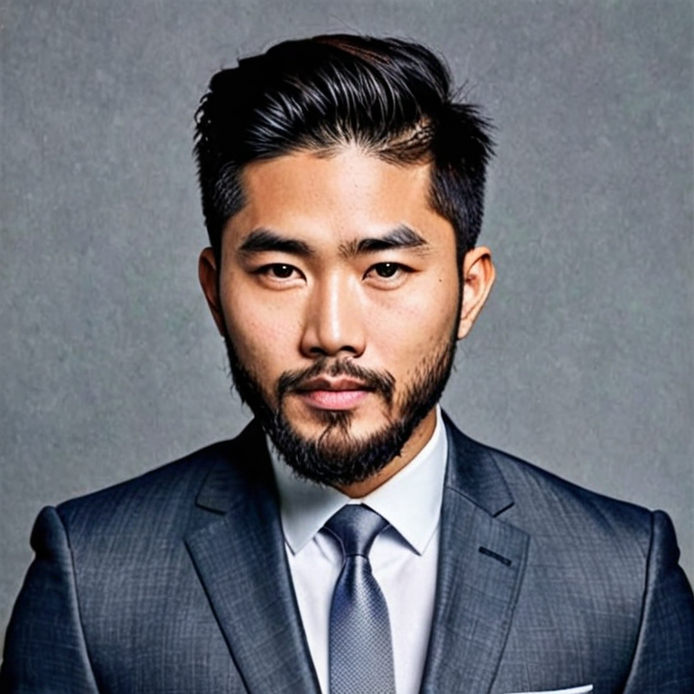 mixed asian man with beard at work short haircut suit