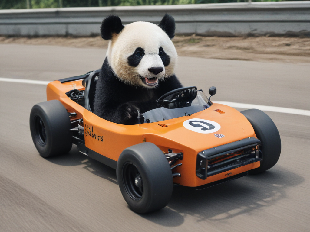 orange and black panda driving a race car
