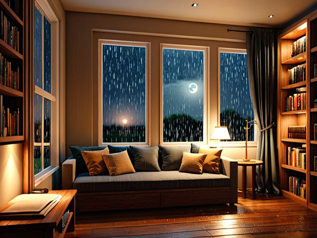 Heavy Rain On Window outside Cozy Reading Nook Ambience - 3D render ...