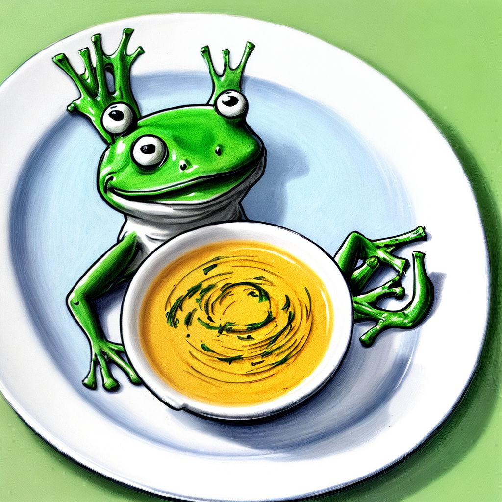 A frog soup in a plate cartoon style