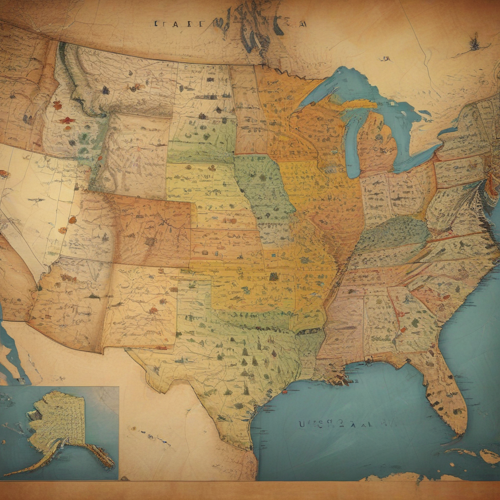 Colorful Vintage Map Illustrating Historical Features of the United States