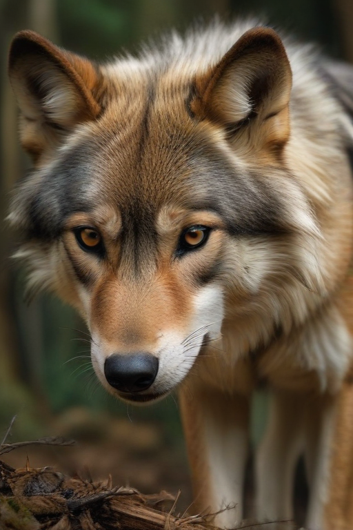 Majestic Wolf Staring Intently Amidst Lush Forest Environment in Nature