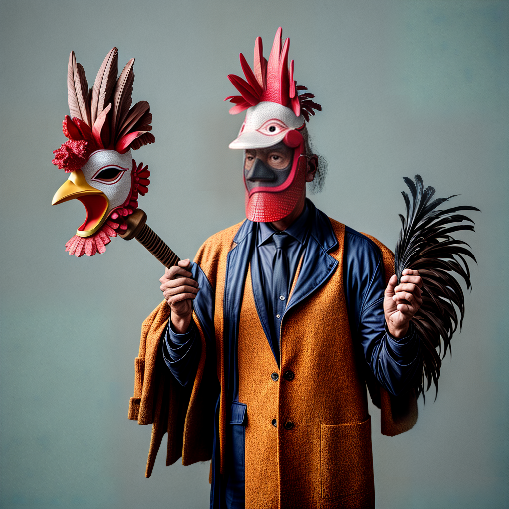 Man in a rooster mask with a coat and a baseball bat