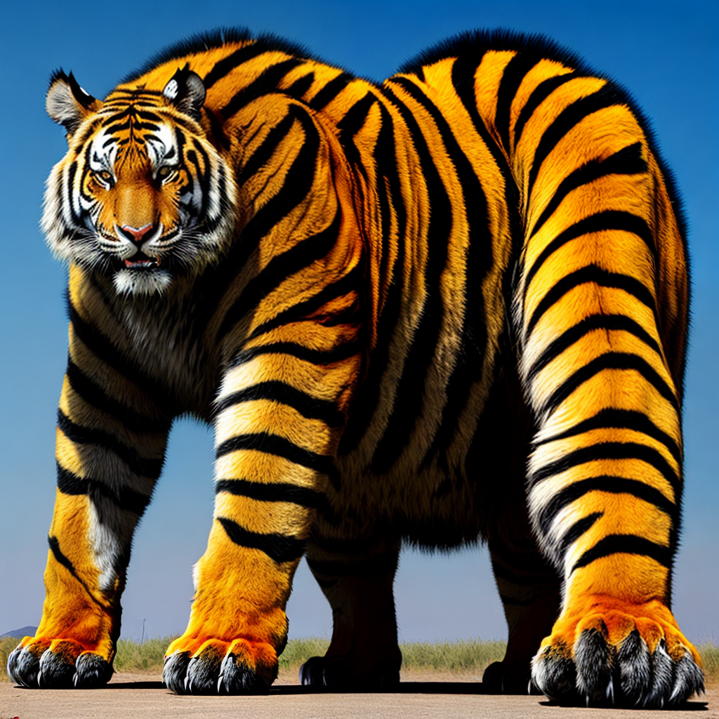 A terrifyingly huge, fat and menacing tiger, standing on all fours ...