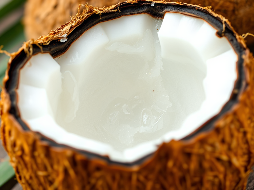 Close-Up View of a Freshly Cut Coconut with Creamy White Interior