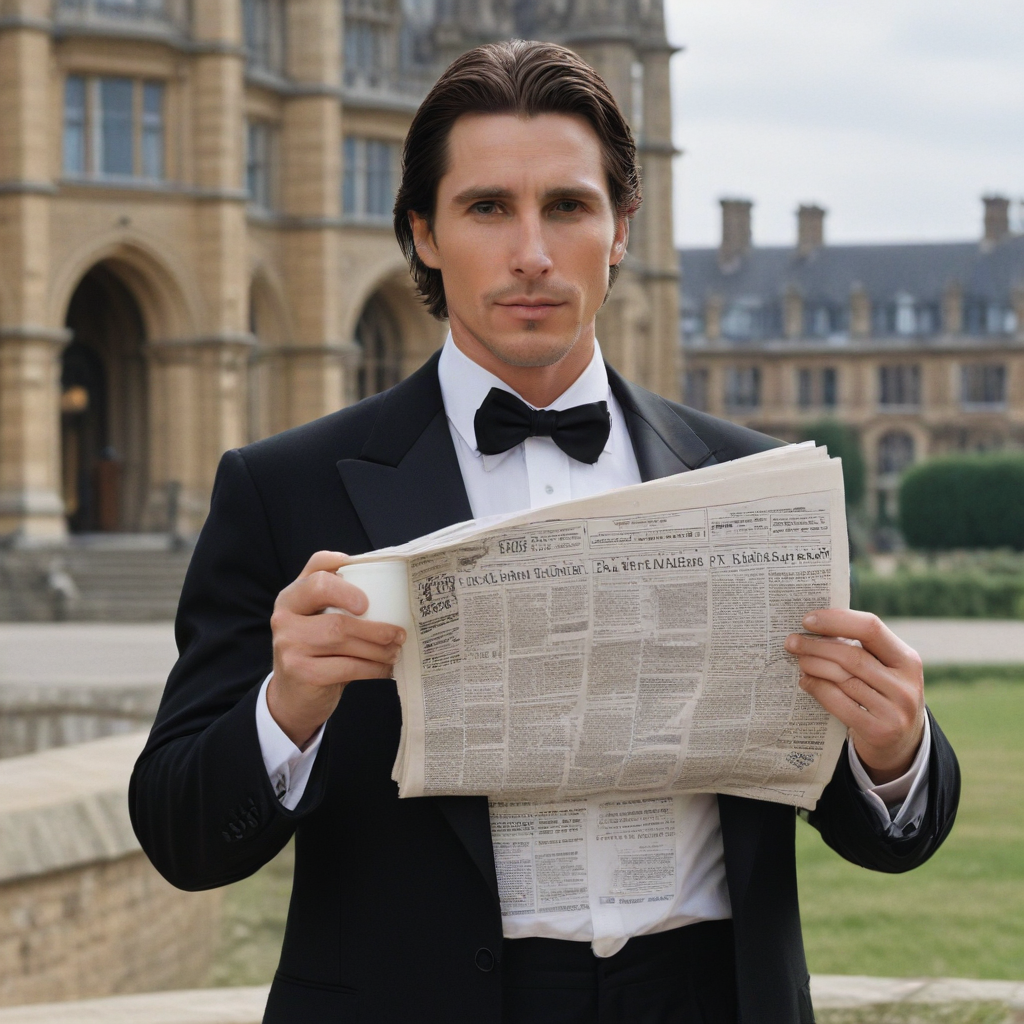 Christian Bale as bruce wayne in tuxedo, muscle, with a newspaper and ...