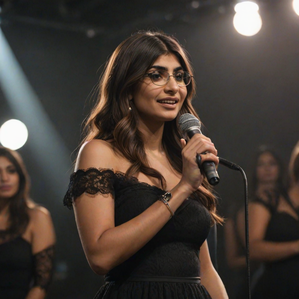 Confident Young Woman Singing on Stage Under Bright Spotlight Lights