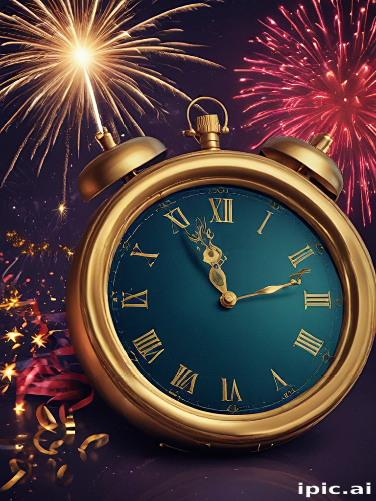 Celebrating New Year Countdown with a Glorious Alarm Clock and Fireworks