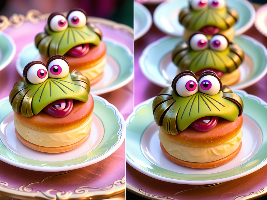 Delightful Frog-Themed Desserts with Whimsical Faces and Colorful Toppings.