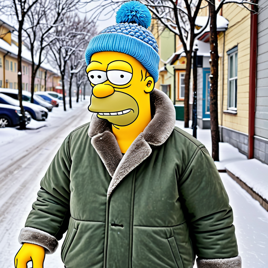 Russian Homer SImpson, clad in a ushanka and a warm coat, begins his ...