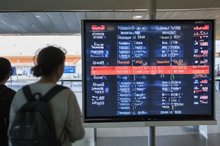 Tv Flight schedule at airport with a few people looking at it