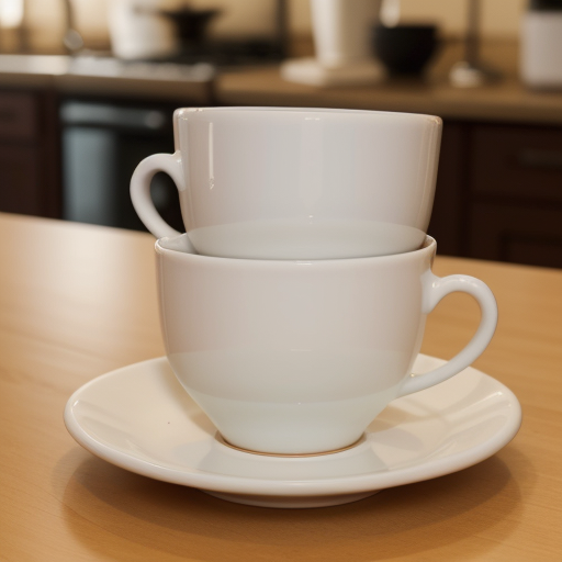 Two Elegant White Coffee Cups Stacked on a Saucer in a Kitchen Setting