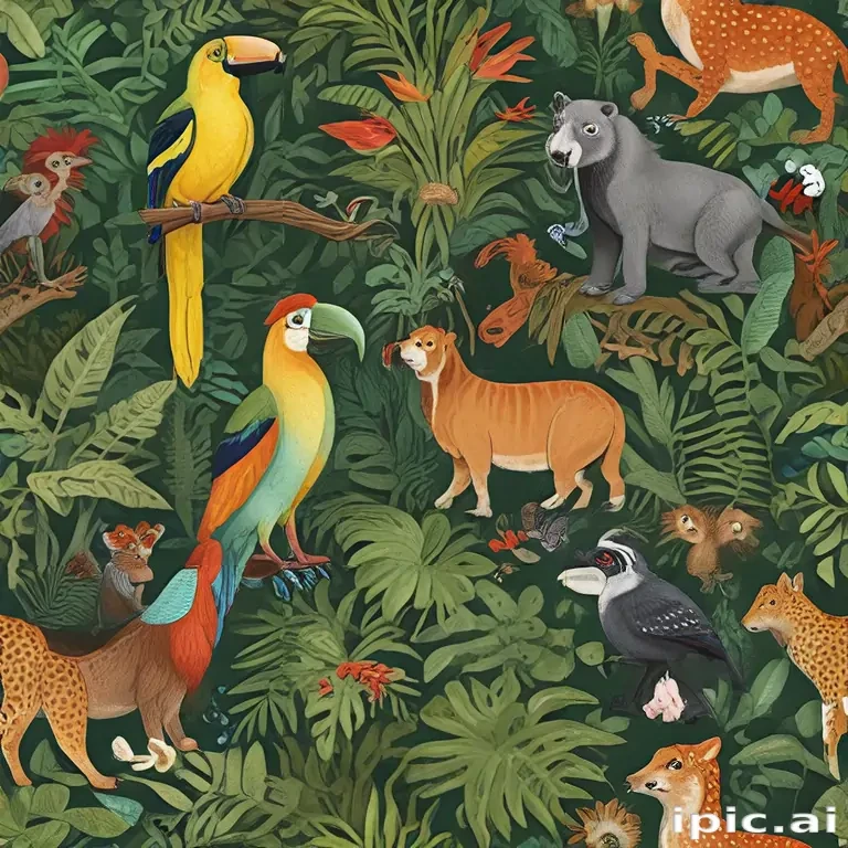 Vibrant Collection of Jungle Animals Nestled Among Lush Green Foliage.