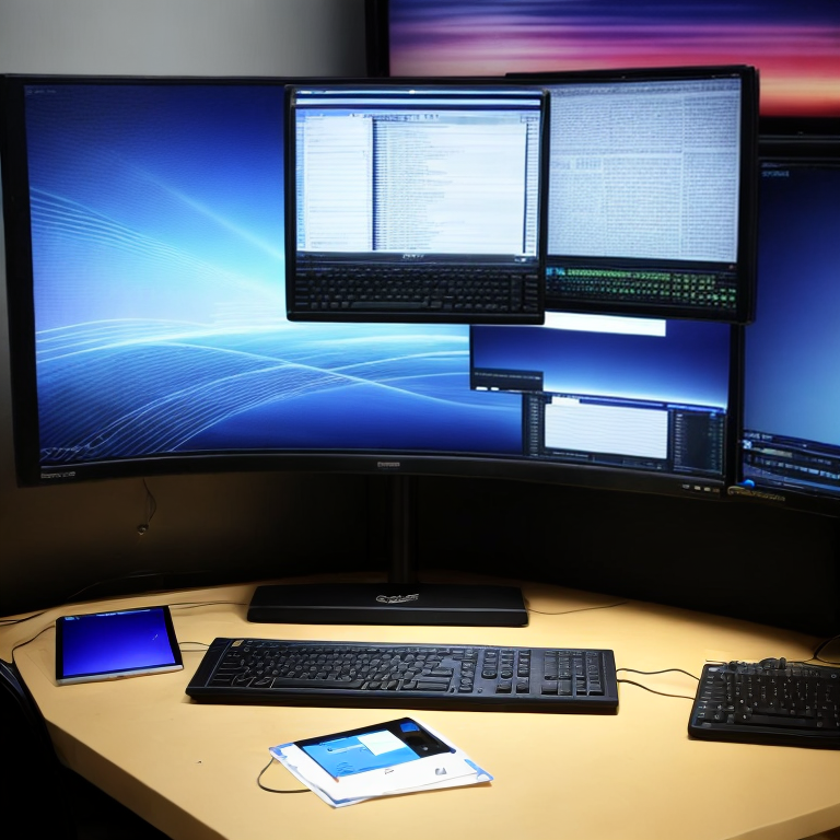 News desk with a microphone on it. Large monitor begind the desk saying ...