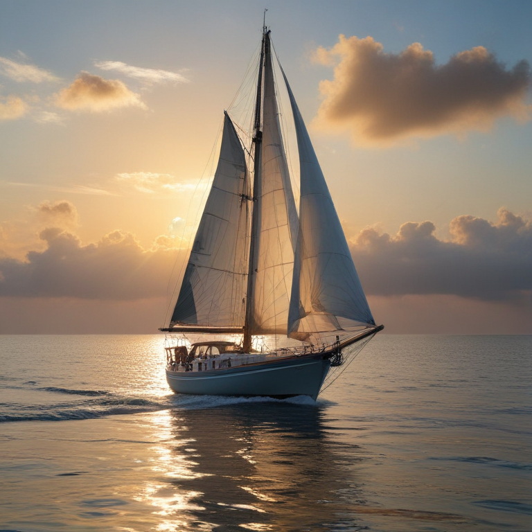 Serene Sunset Sail: A Majestic Yacht Gliding Across Tranquil Waters