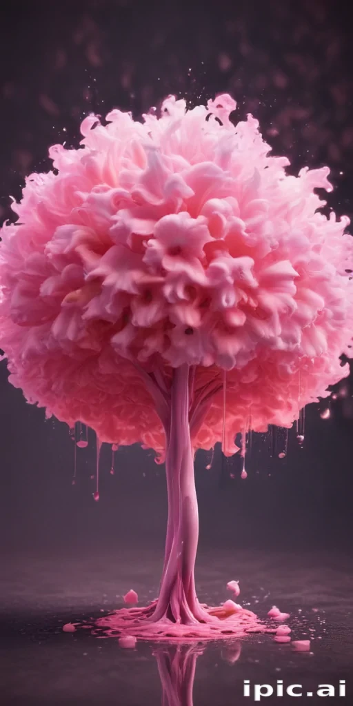 Whimsical Pink Tree Made of Fluffy Cotton Candy-like Texture and Drips