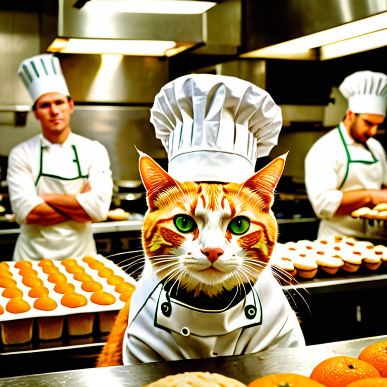 In the heart of a bakery kitchen, a cute, high-definition orange cat ...