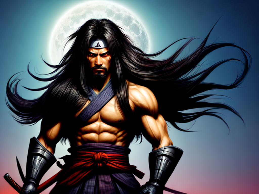 A long-haired, night-black anime-style samurai ninja with a shadowy sword