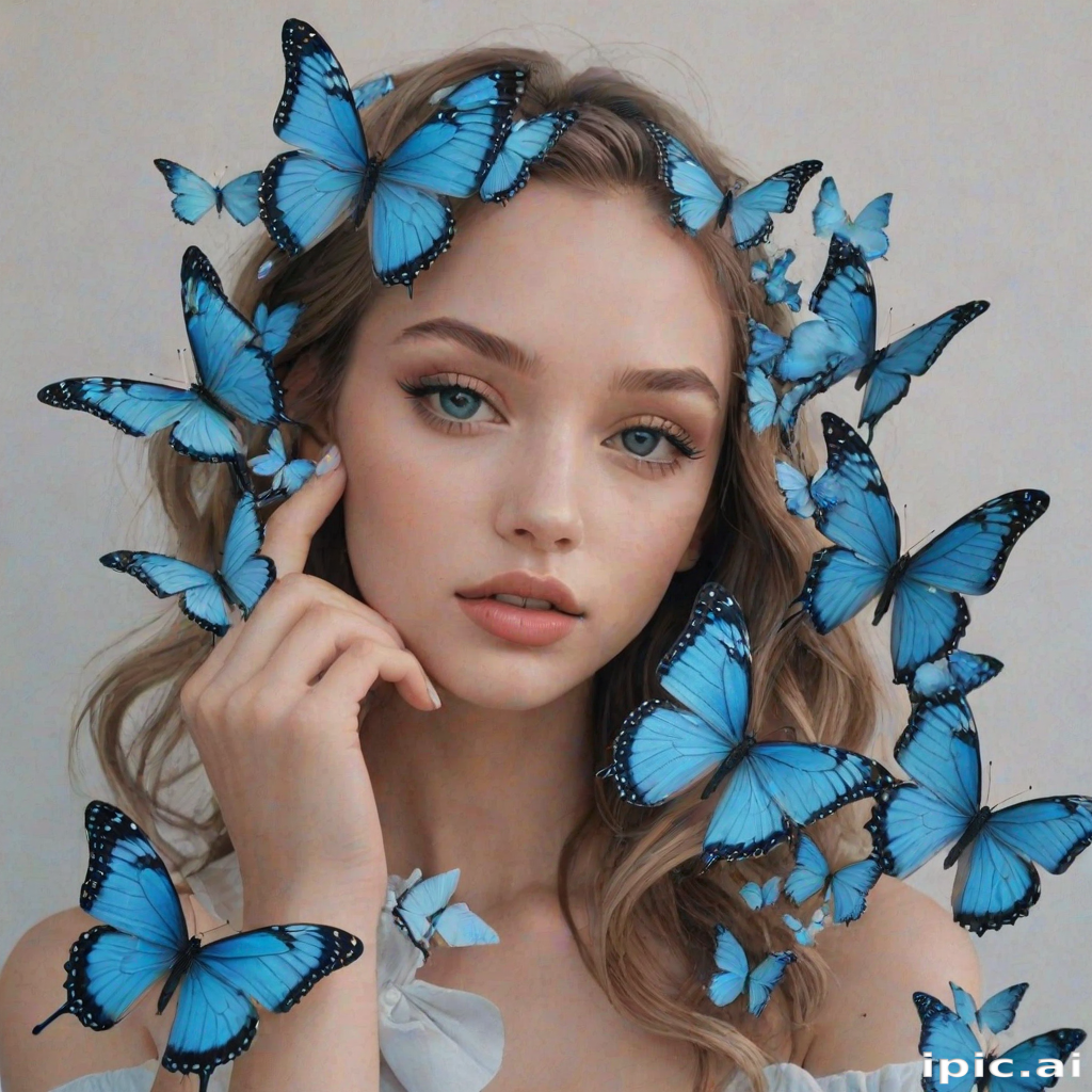 Enchanting Portrait of a Young Woman Surrounded by Vibrant Blue Butterflies
