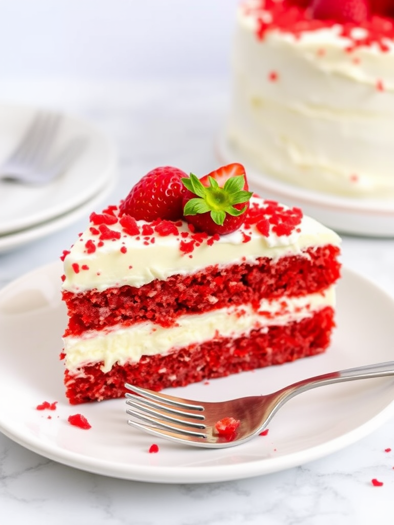 Delicious Red Velvet Cake Slice Topped with Fresh Strawberries and Cream.