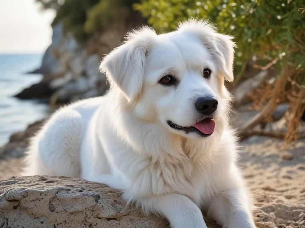 A Playful White Dog Relaxing on the Beach by the Ocean.