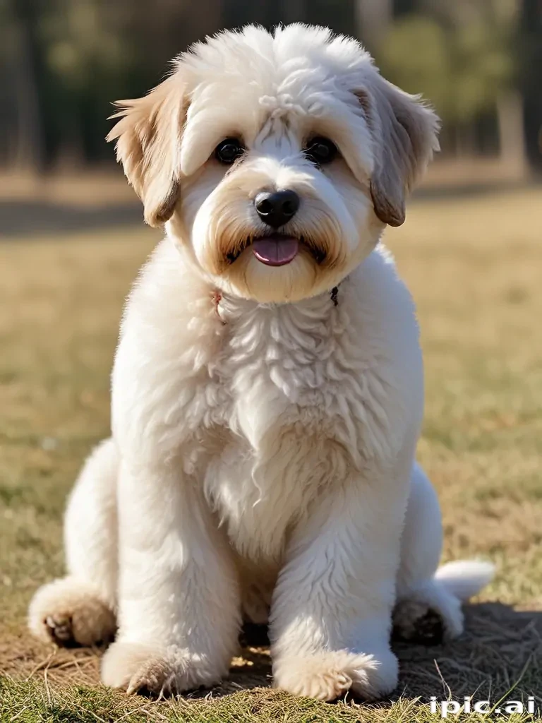 Adorable Fluffy Dog Sitting Cheerfully in a Sunlit Outdoor Field.
