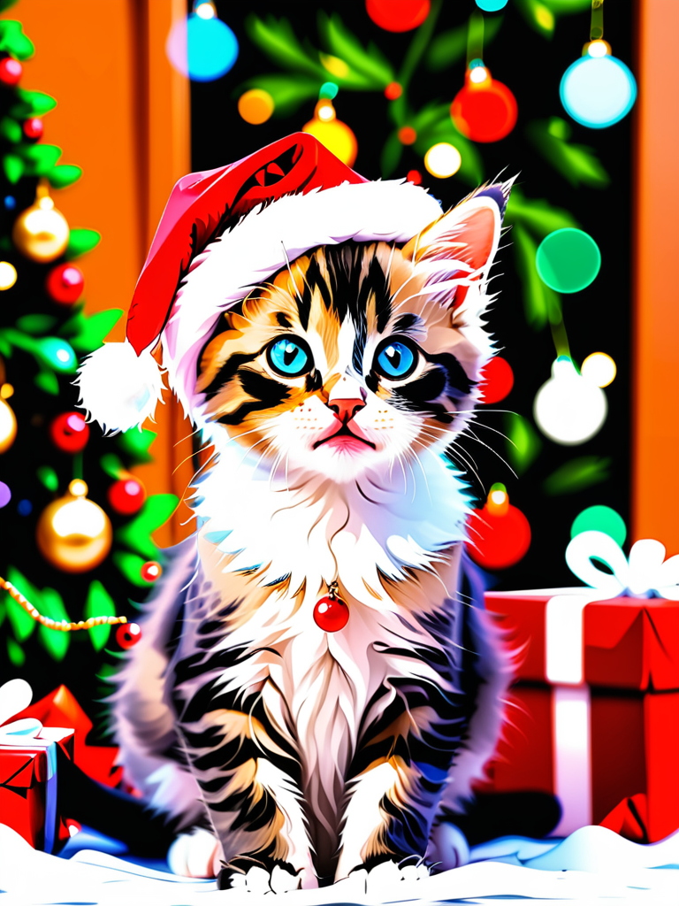 Adorable Cat in Santa Hat Surrounded by Colorful Christmas Decorations ...