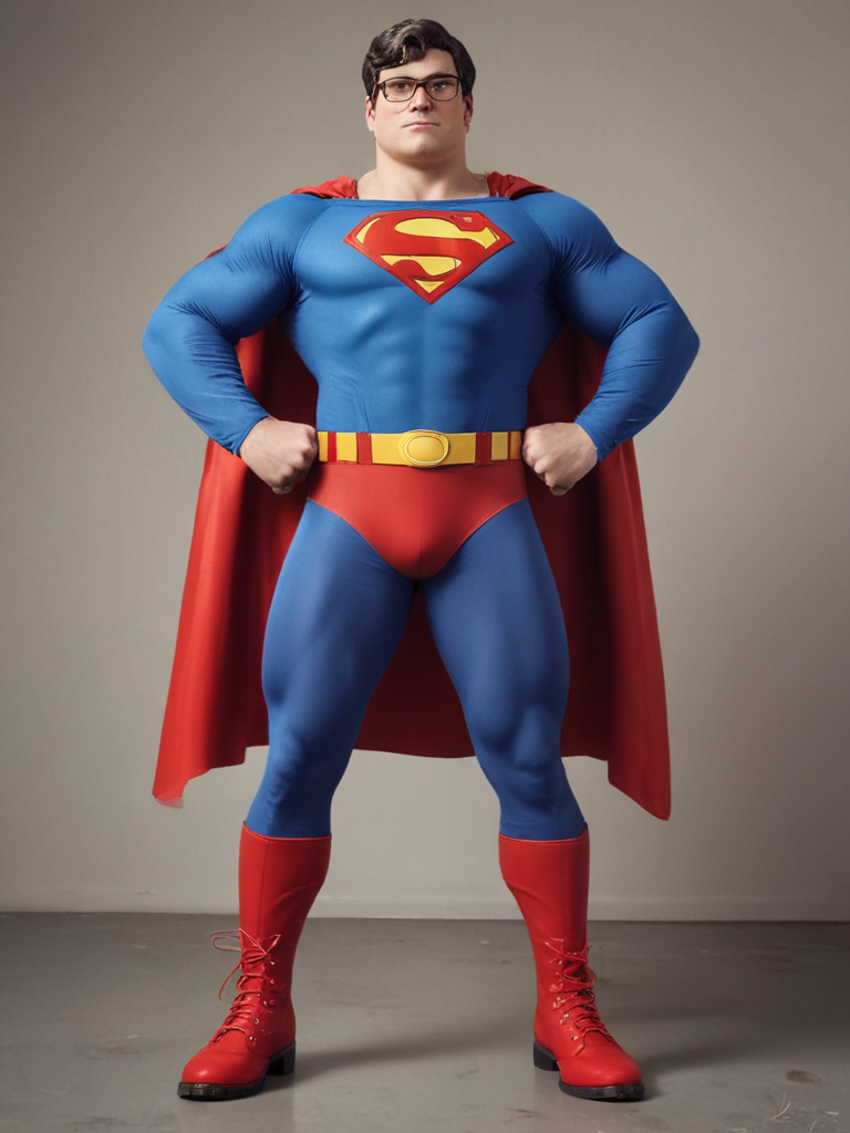 Realistic chubby high school nerd guy, realistic superman costume and ...