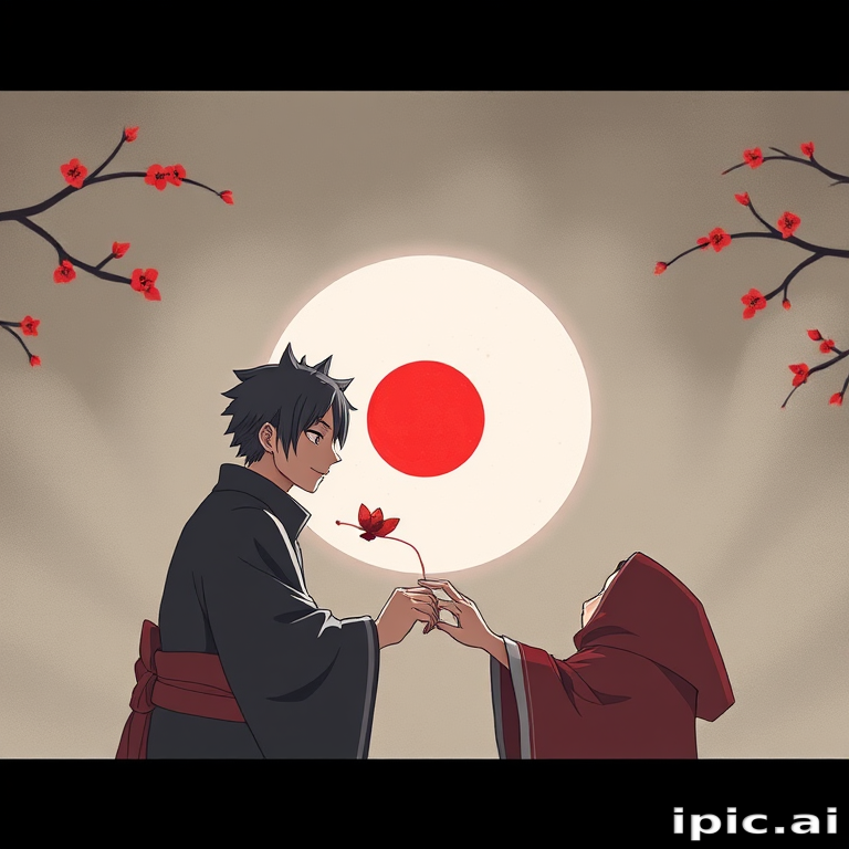 Two Figures Sharing a Moment Under the Rising Sun and Cherry Blossoms