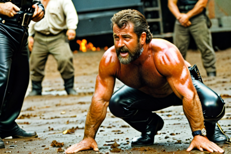 a bearded and muscled Mel gibson manhandling Russel Crowe black ...