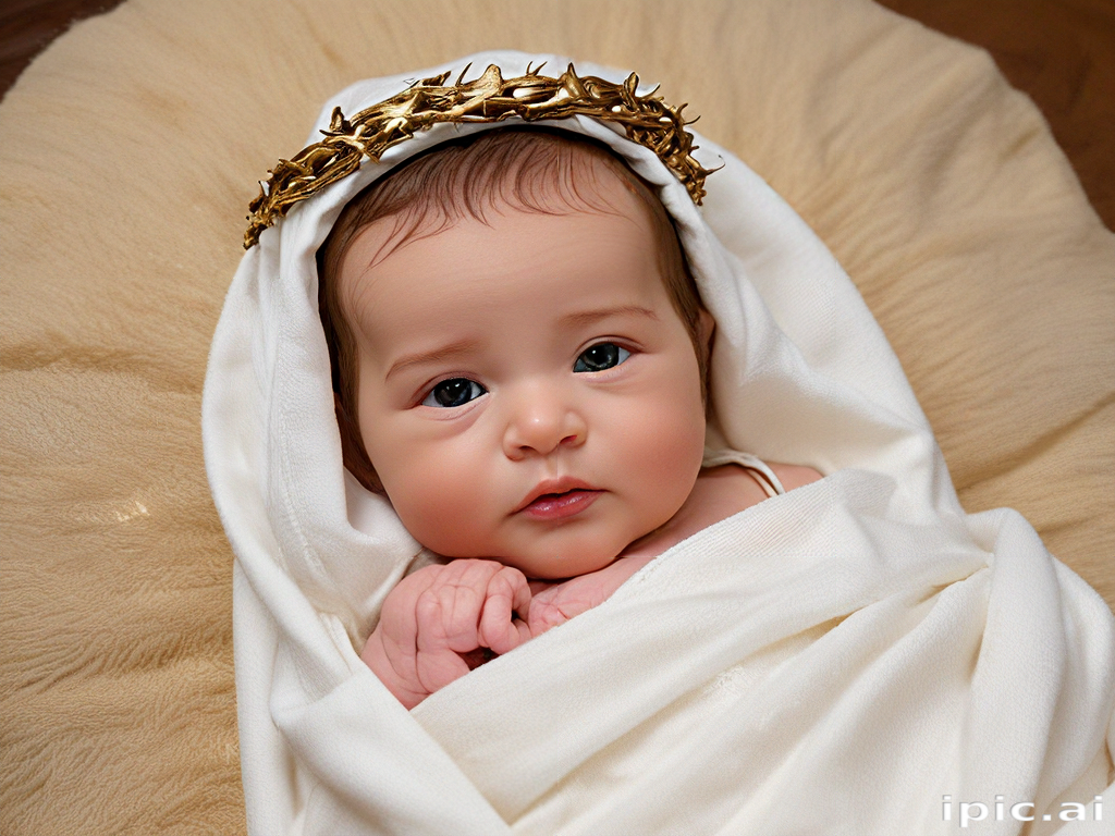 Adorable Baby Dressed in White with a Crown of Thorns