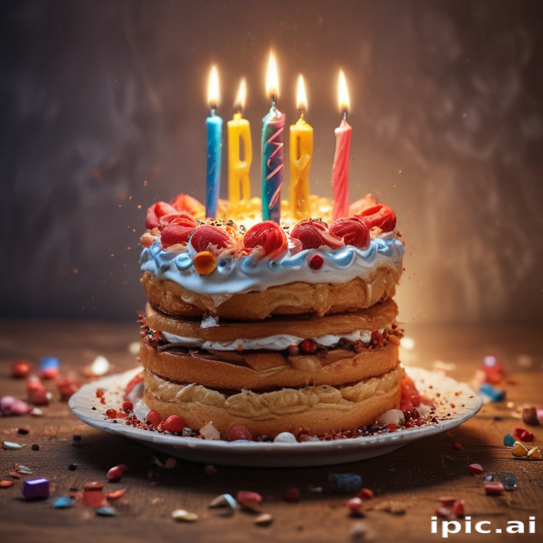 Delicious Multi-Layered Birthday Cake with Colorful Candles and Decorations