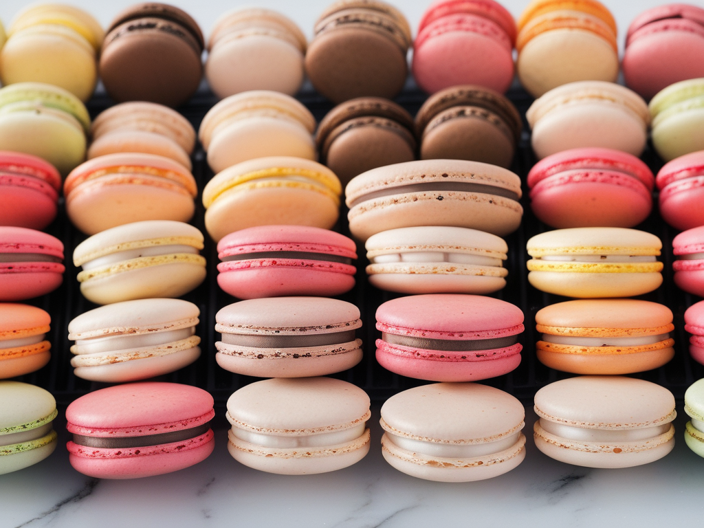 A Colorful Display of Delicious Macarons in Various Flavors and Textures.