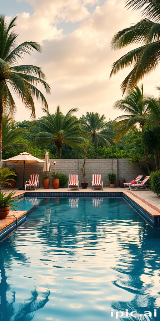 A Tranquil Tropical Oasis Featuring a Beautiful Swimming Pool and Palm ...