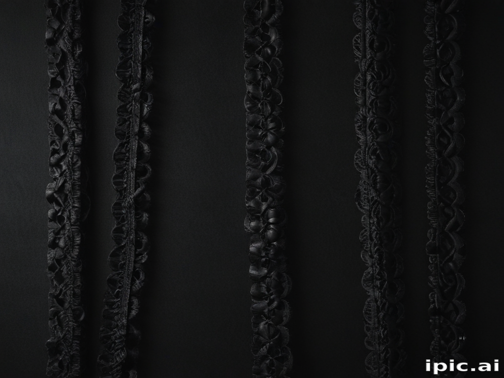 Elegant Black Fabric Strips with Intricate Patterns on a Dark Background