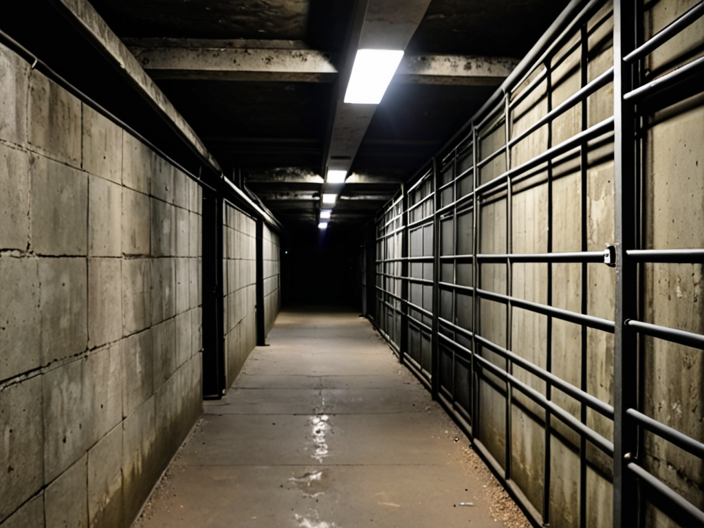 Dark underground bunker corridor. In front of the corridor is a heavy ...