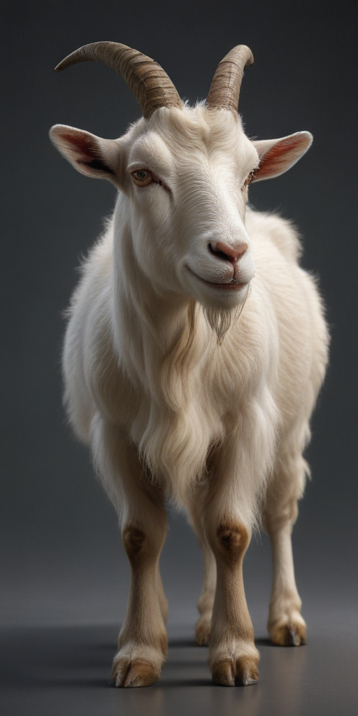 Majestic White Goat with Elegant Curved Horns Against a Dark Background