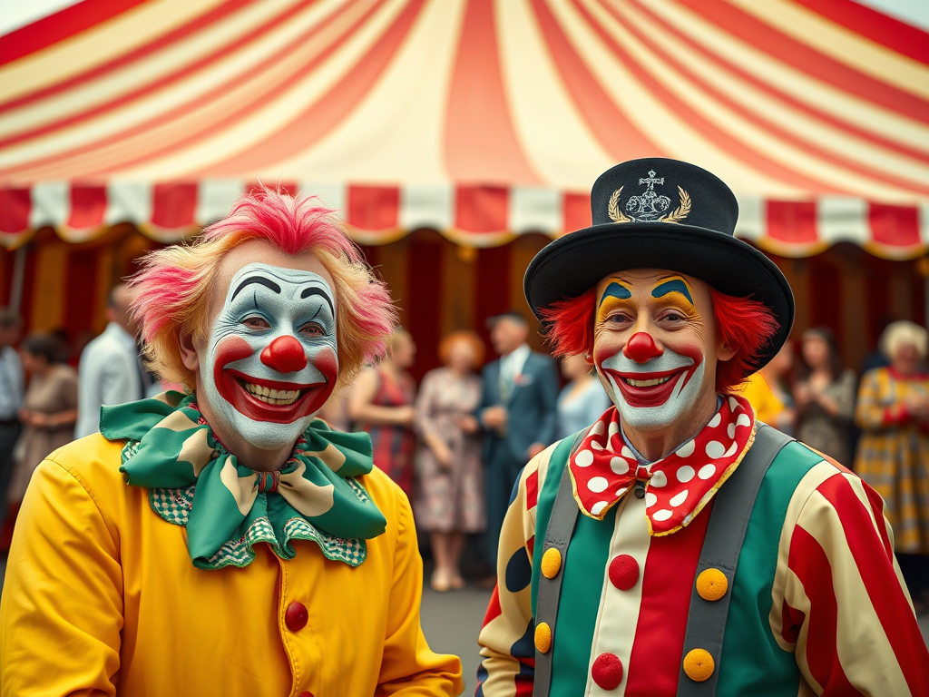 Regenerate a vibrant circus scene featuring two smiling clowns in ...