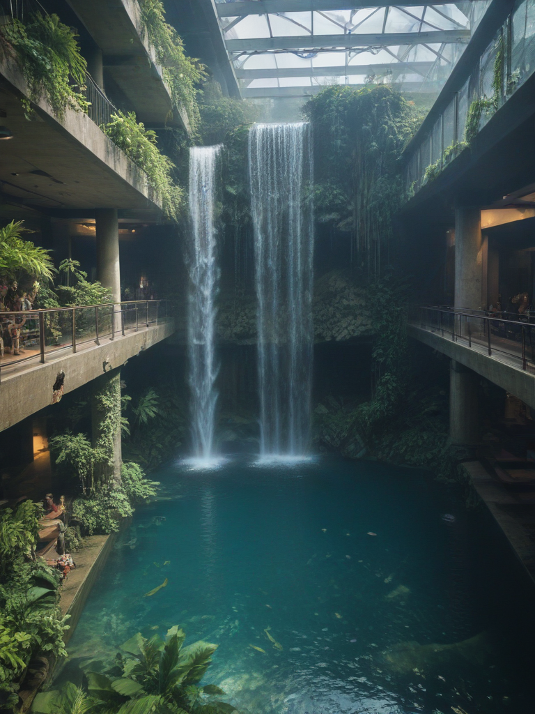 Underwater mall with waterfall