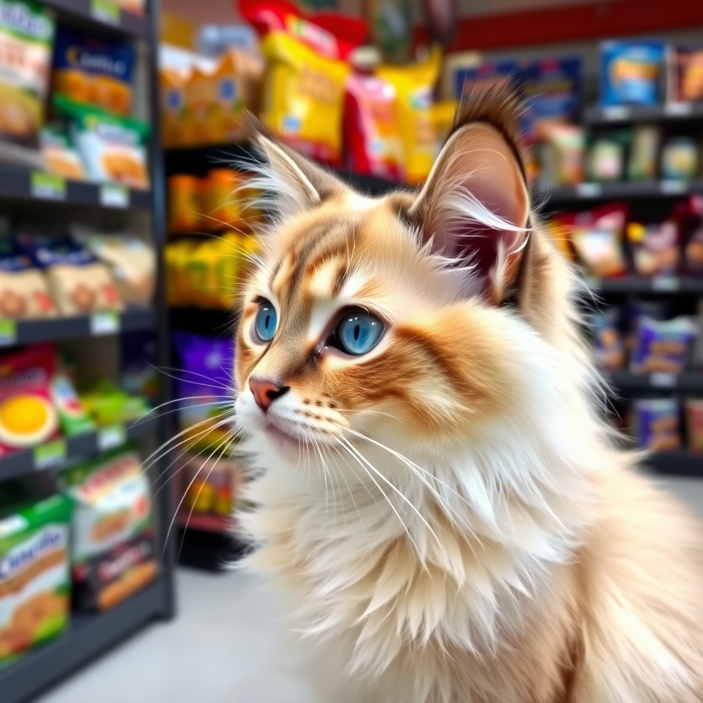Curious Cat Exploring the Aisles of a Grocery Store Filled with Snacks