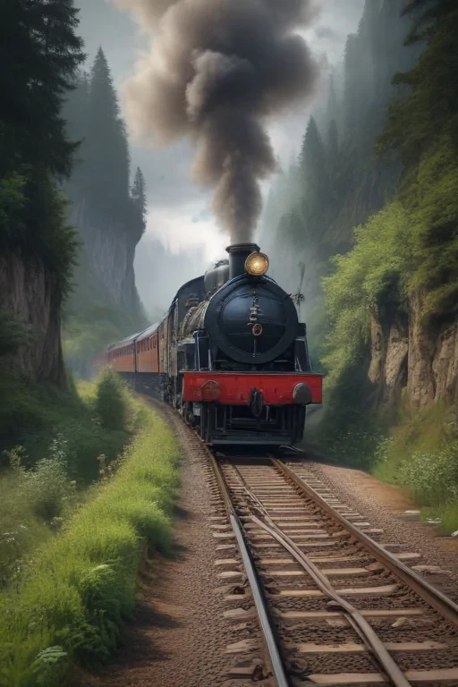 A Majestic Steam Train Chugging Through Lush Green Mountain Landscape.