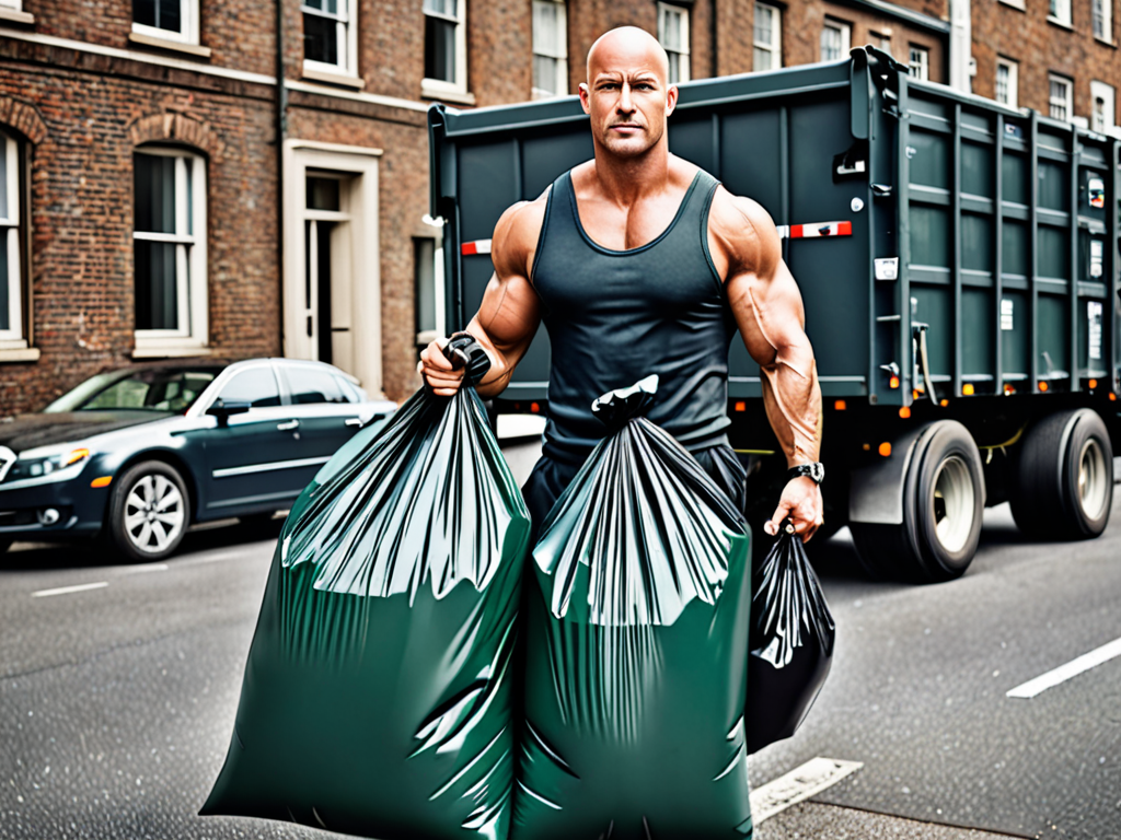 realistic handsome bald muscular garbagemen carrying black garbage bags ...