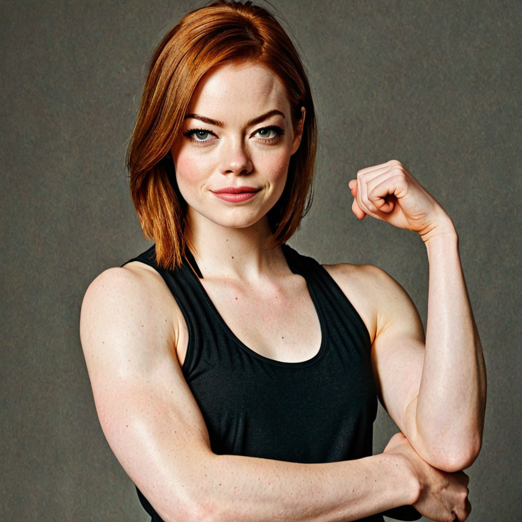 Youthful Emma Stone, flexing, large biceps